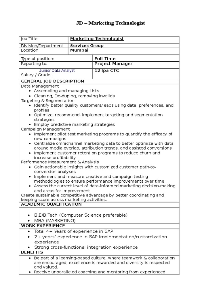 Sample JD | PDF | Market Segmentation | Strategic Management