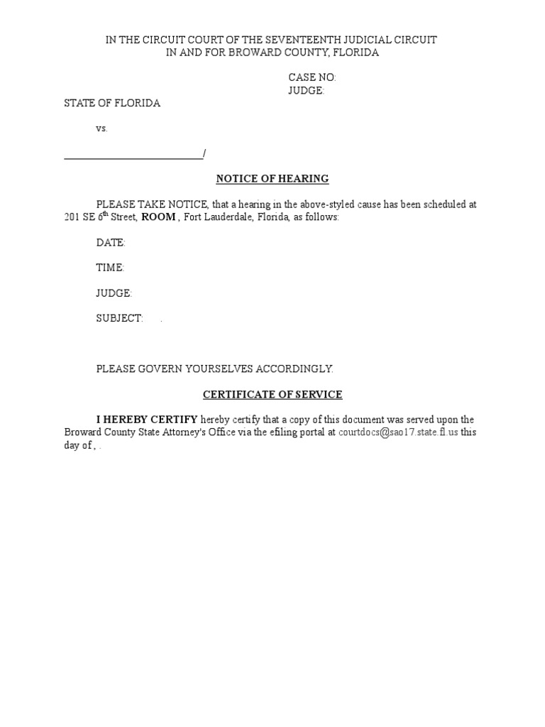 Notice of Hearing: Courtdocs@sao17.state - Fl.us | PDF