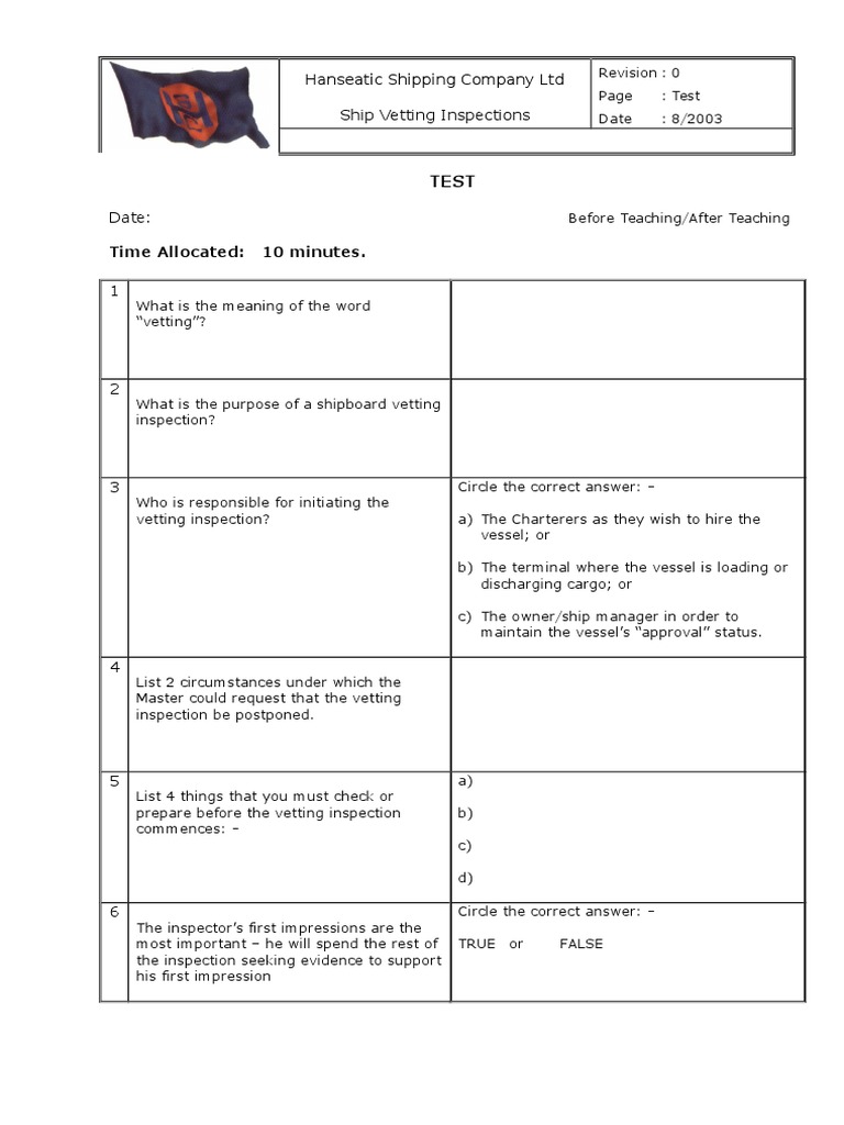 Time Allocated: 10 Minutes.: Hanseatic Shipping Company LTD Ship ...