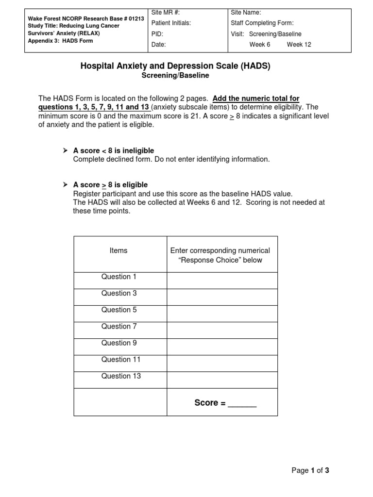 Hospital Anxiety and Depression Scale (HADS) : Screening/Baseline | PDF ...