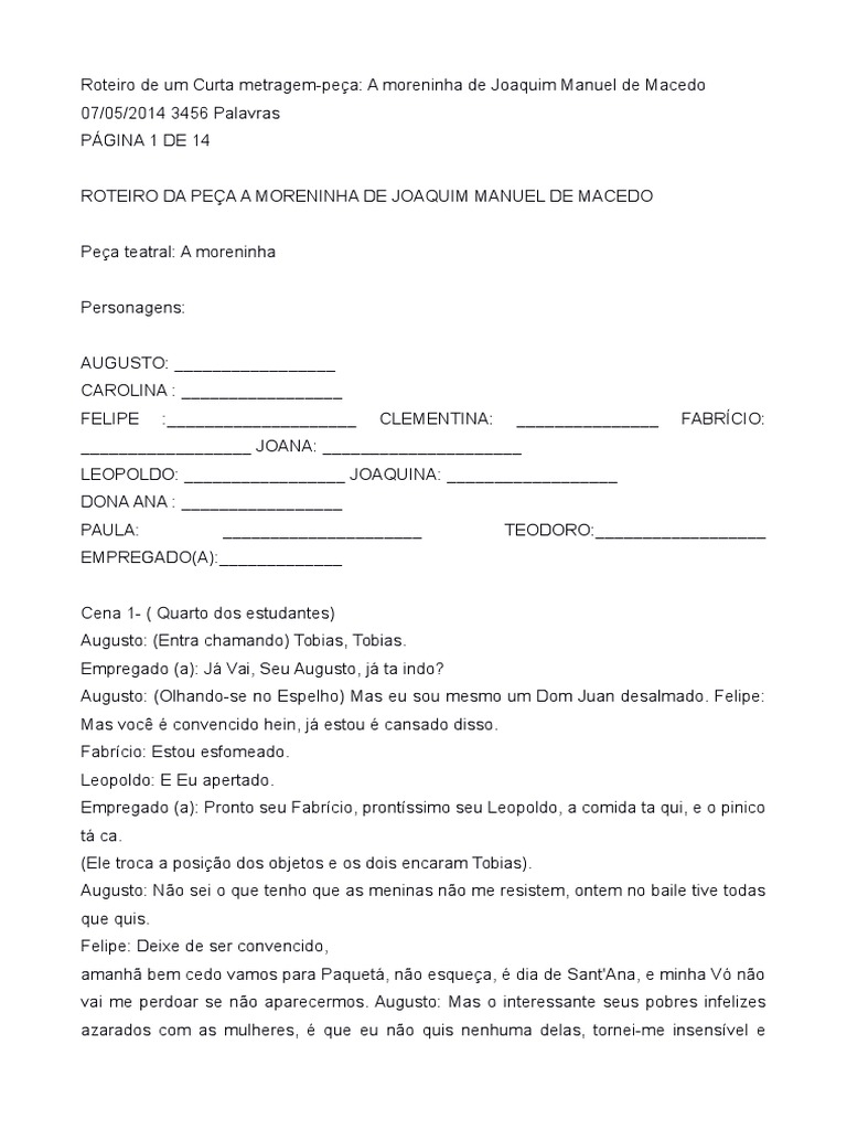 A Moreninha Roteiro Pdf Augustus Amor