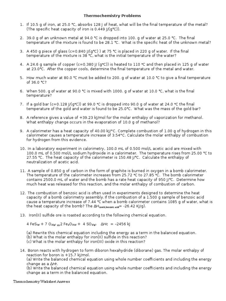 Thermochemistry Problems | PDF | Combustion | Applied And ...