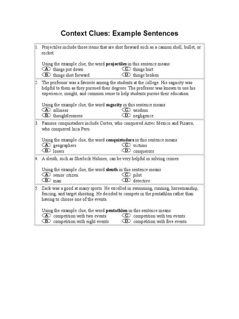 Context Clues: Example Sentences | PDF | Violence