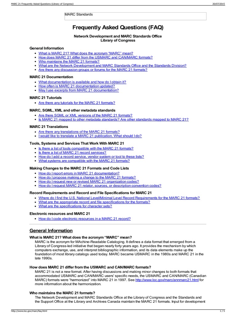 MARC 21 Frequently Asked Questions (Library of Congress) | PDF ...