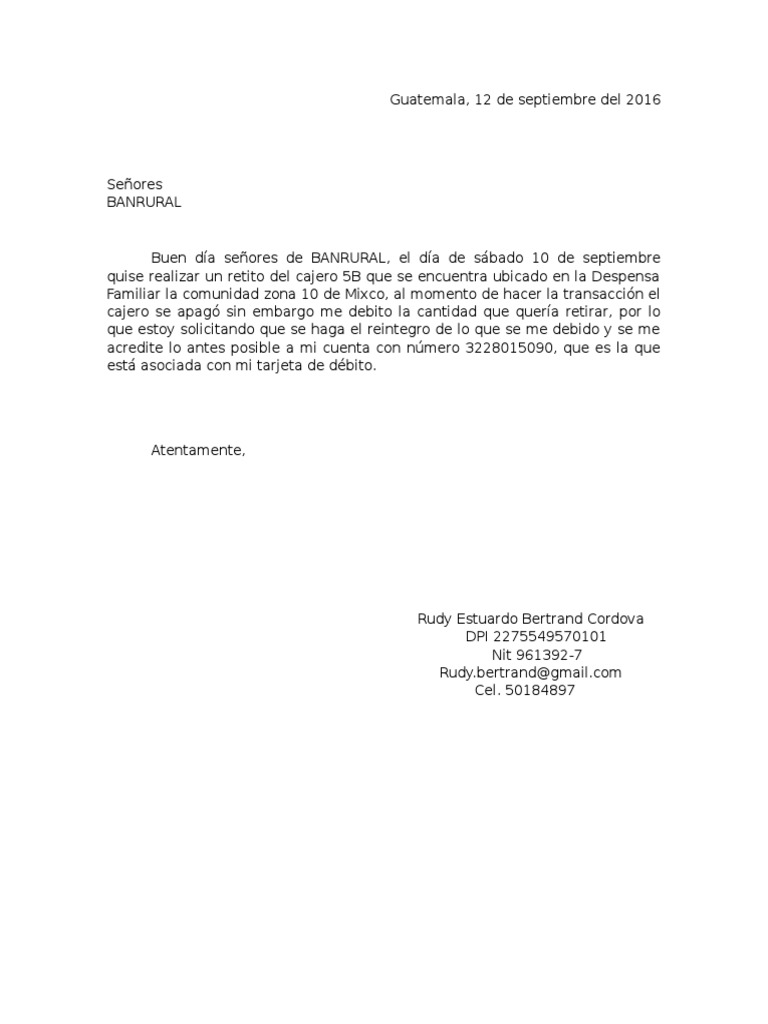 Solicitud de Reintegro BANRURAL | PDF