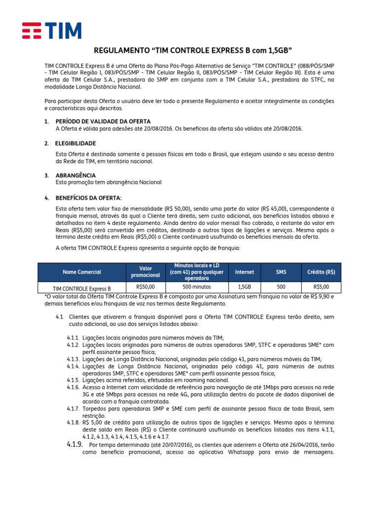 Regulamento TIM Controle Express | PDF | WhatsApp | 4G