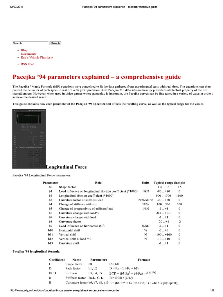 Pacejka '94 Parameters Explained - A Comprehensive Guide PDF | PDF