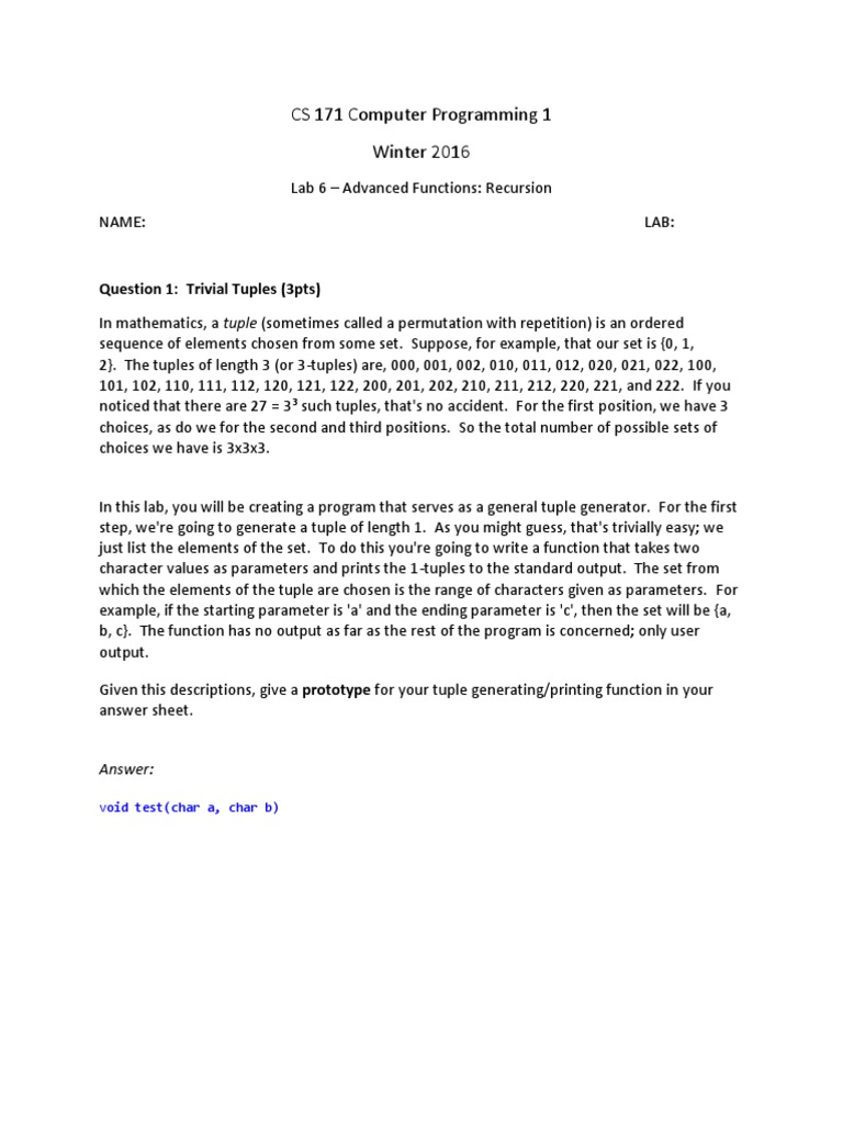 CS 171 Computer Programming 1 Winter 2016: Question 1: Trivial Tuples (3pts) | PDF | Parameter ...