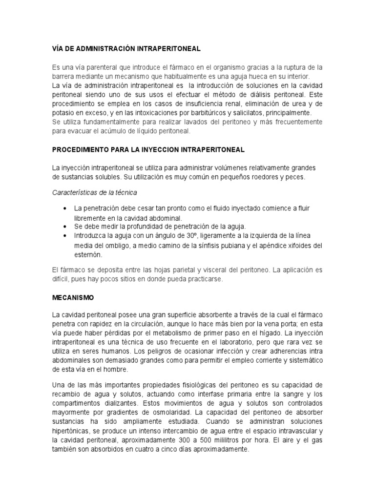 Vía de Administración Intraperitoneal | Peritoneo | Absorción (Química)