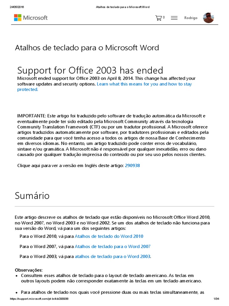 Atalhos de Teclado para o Microsoft Word PDF | PDF | Janela ...