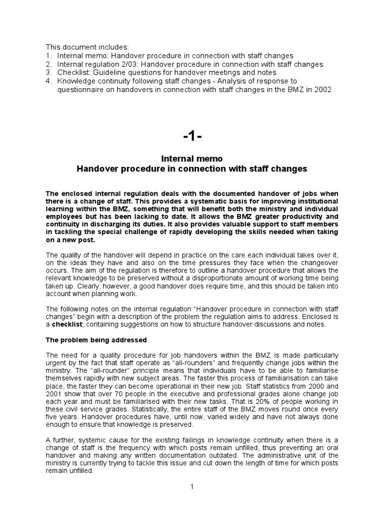 Internal Memo Handover Procedure in Connection With Staff Changes | PDF ...
