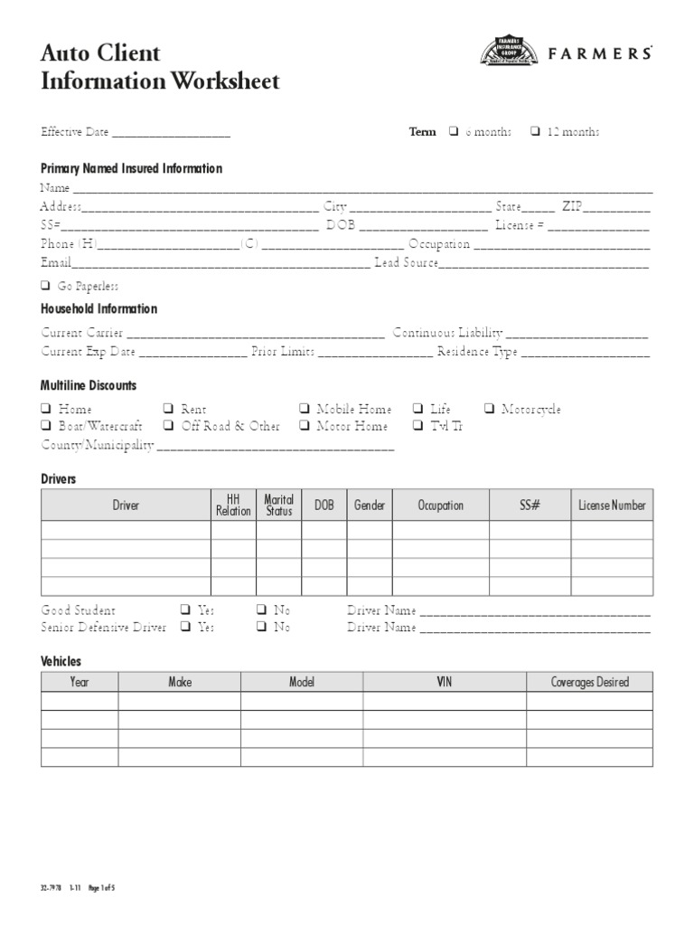 Auto Home Client Information Worksheet | PDF | Window | Deductible