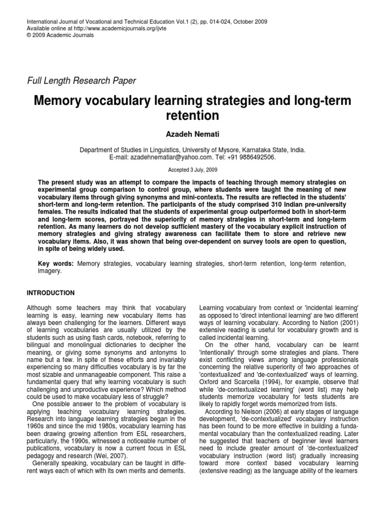 Memory Vocabulary Learning Strategies and Long-Term | Download Free PDF ...