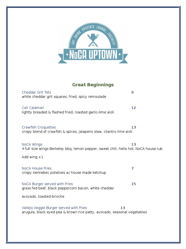 NoCA Restaurant Menu Highlights | PDF