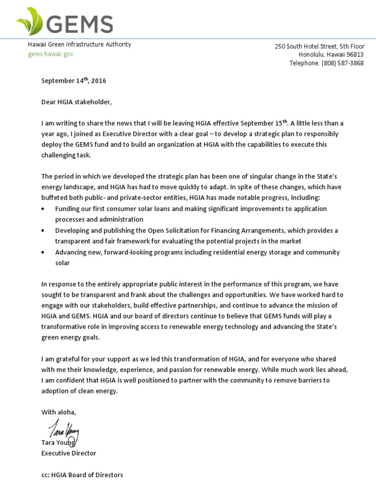 HGIA Letter To Stakeholders