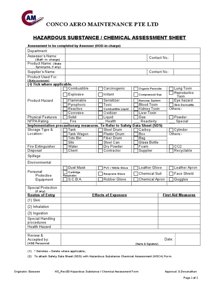 HS-Rev.00 Hazardous Substance - Chemical Assessment Sheet | PDF ...