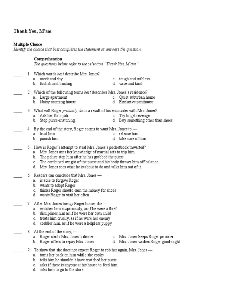 Thank You, M'am: Multiple Choice | PDF