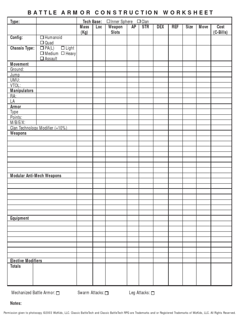 Battle Armor Construction Worksheet | PDF