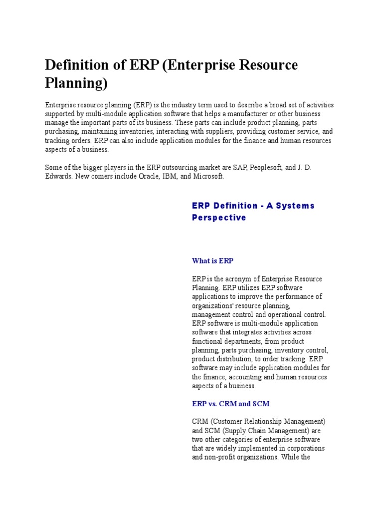 Definition of ERP (Enterprise Resource Planning) | PDF | Enterprise ...