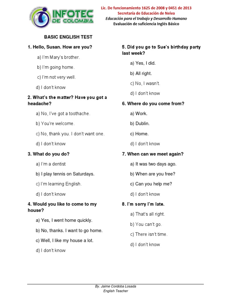 Basic English Test | PDF | Leisure