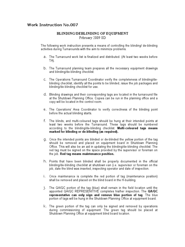 Work Instruction No.007 Blinding and Deblinding of Equipmentdoc | PDF ...