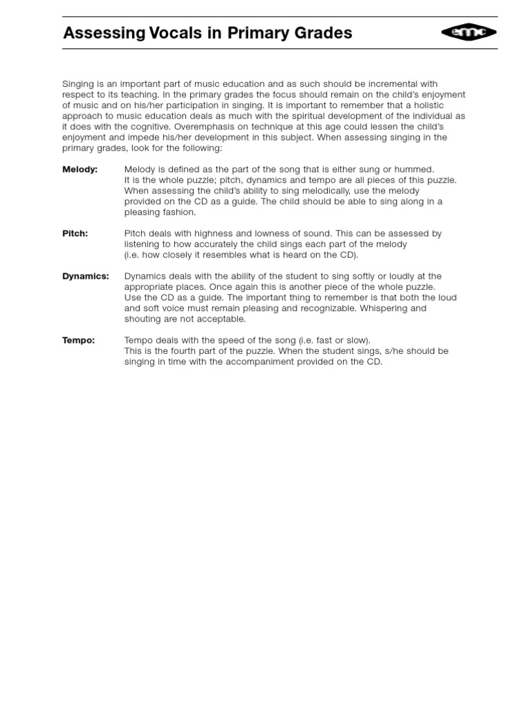 Primary Grade Singing Assessment Rubrics | PDF | Rubric (Academic ...