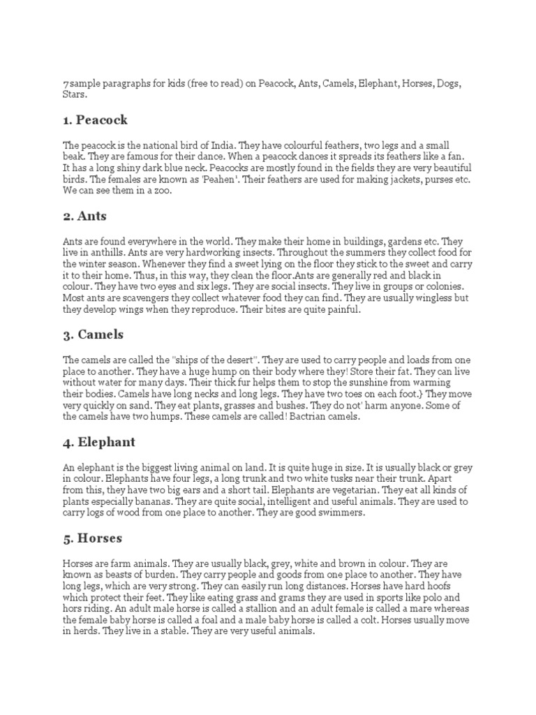 7 Sample Paragraphs For Kids | PDF | Elephant | Horses