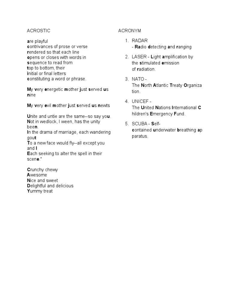 Acrostics and Acronyms: Creative Wordplay and Concise Definitions | PDF ...
