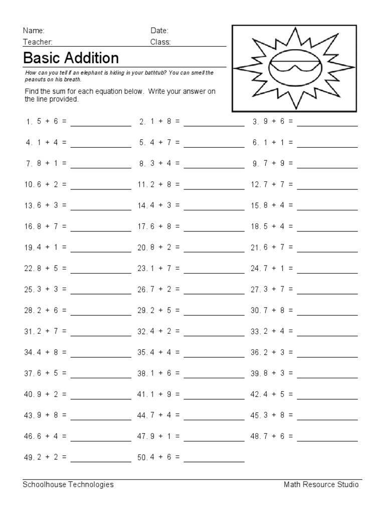 Basic Addition: Find The Sum For Each Equation Below. Write Your Answer ...