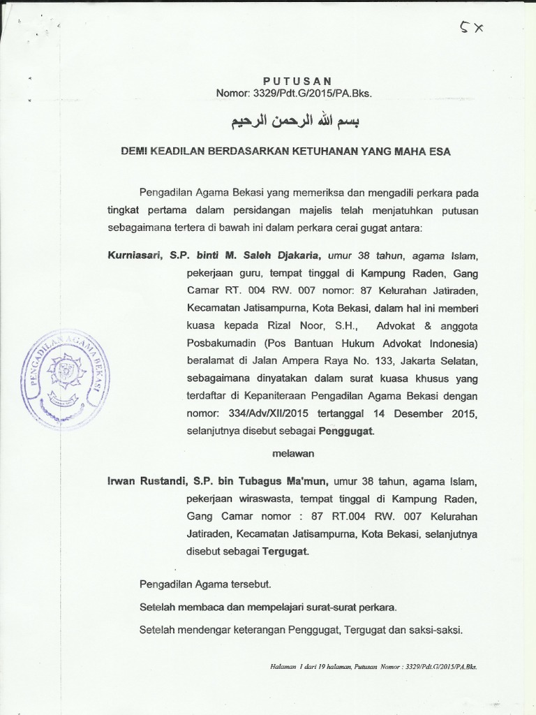 Surat Putusan Sidang Perceraian Irwan Rustandi | PDF