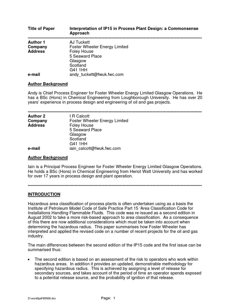 Interpretation of IP15 in Process Plant Design: A Commonsense Approach ...