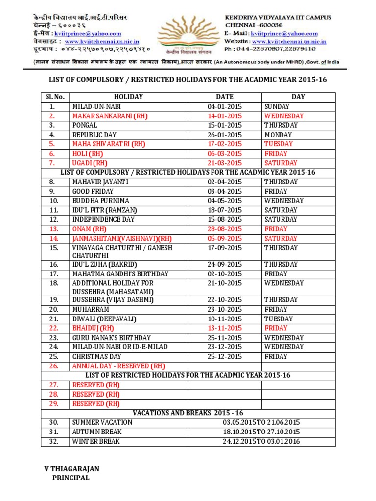 2015-16 Academic Year Holiday List | PDF | Academic Term | Educational ...