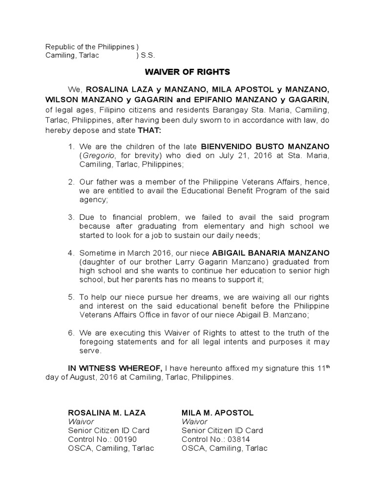WAIVER of RIGHTS - Manzano (PVAO Educational Benefit Program) Siblings ...