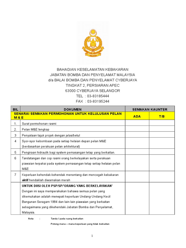 Checklist M&E (Bomba Malaysia) | PDF
