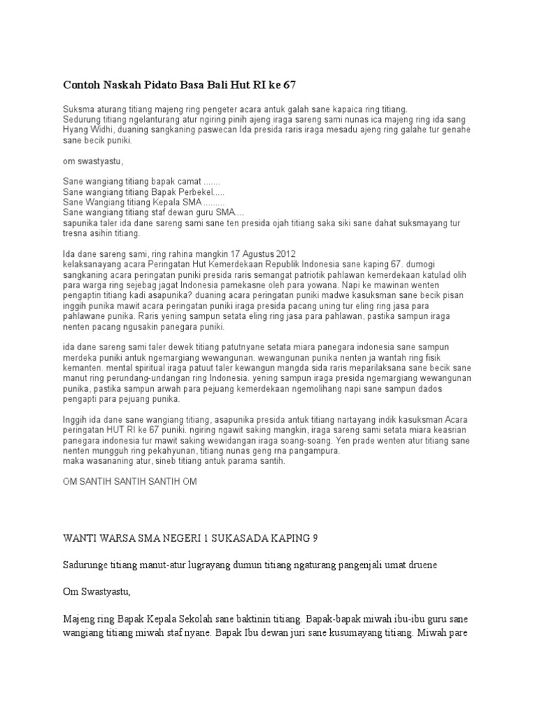 Contoh Naskah Pidato Basa Bali Hut RI Ke 67 | PDF