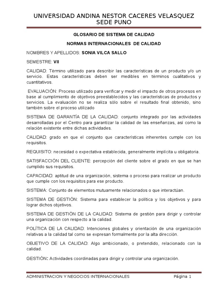 Glosario de Sistema de Calidad | PDF | Gestión de la calidad | Calidad ...