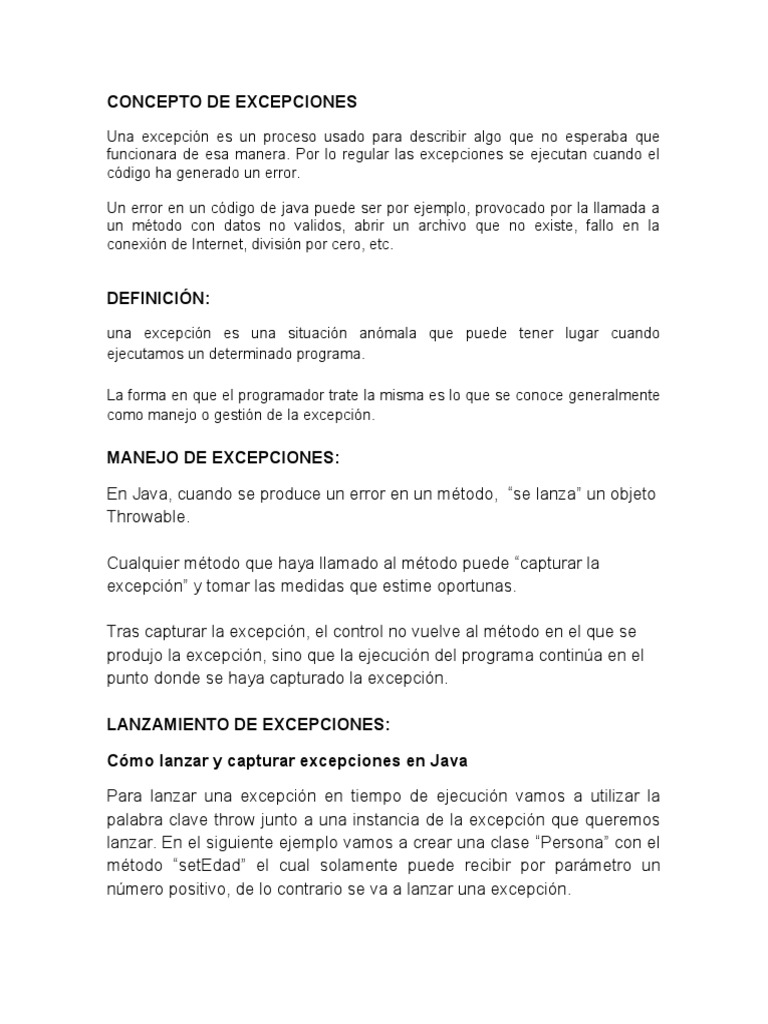Manejo de Excepciones en Java | PDF | Java (lenguaje de programación) | Programa de computadora