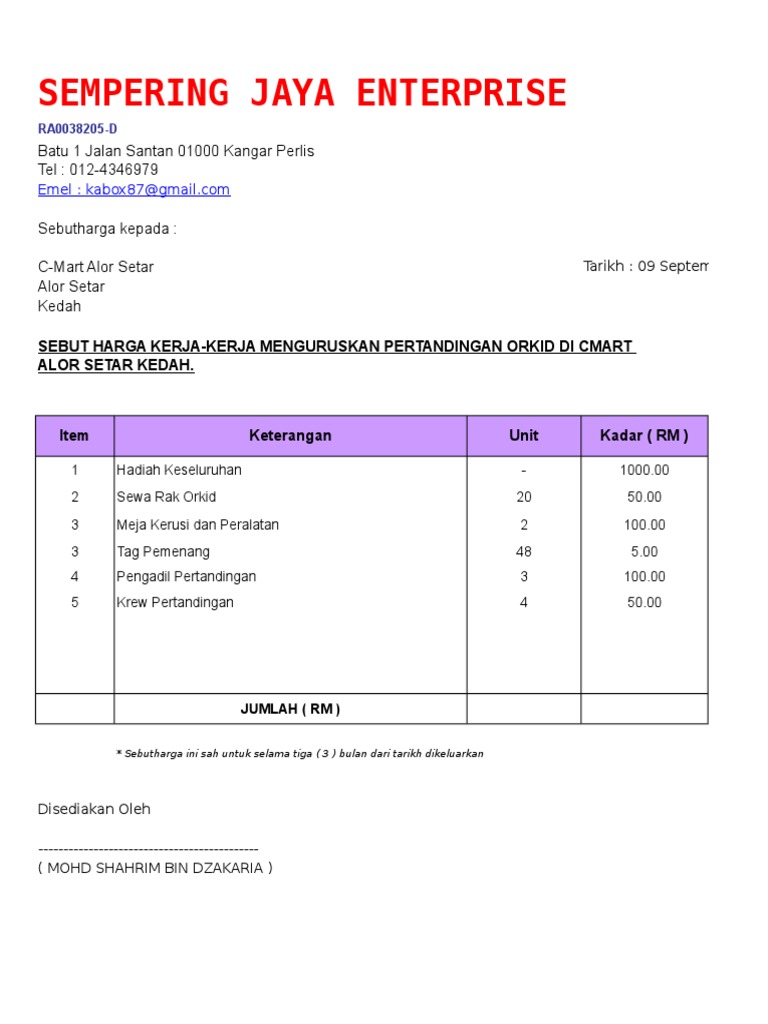 Contoh Sebutharga Membekal | PDF