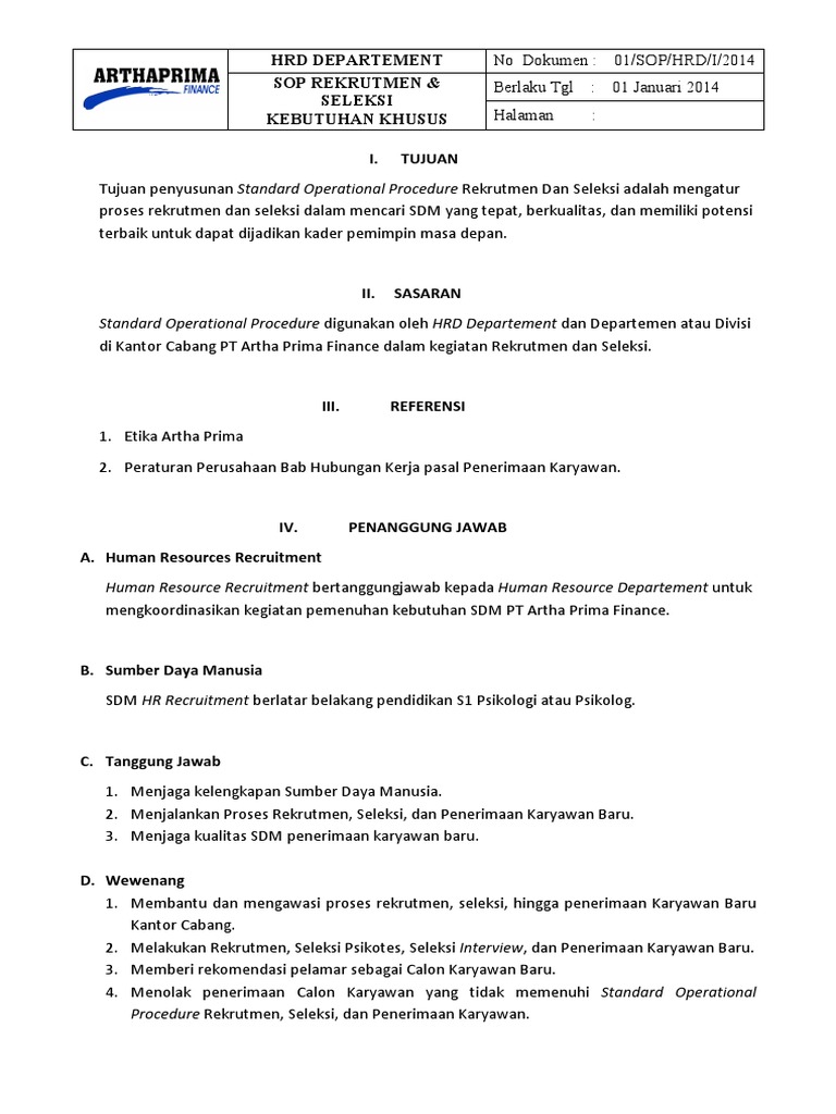 SOP Rekrutmen & Penerimaan Karyawan Kebutuhan Khusus APF