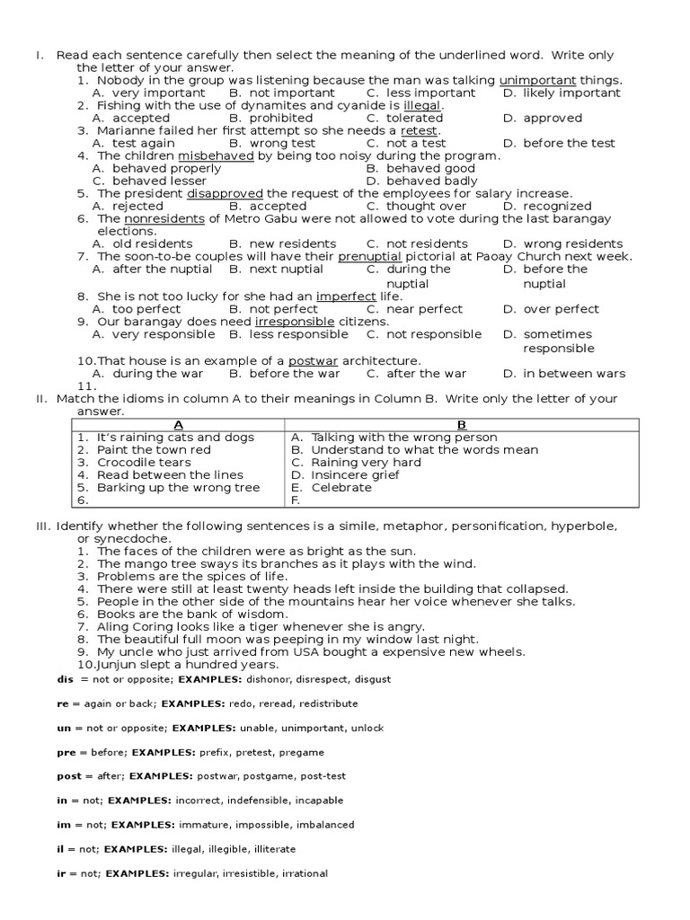 Test Affixes Idioms Figures of Speech | PDF | Vocabulary | Linguistics