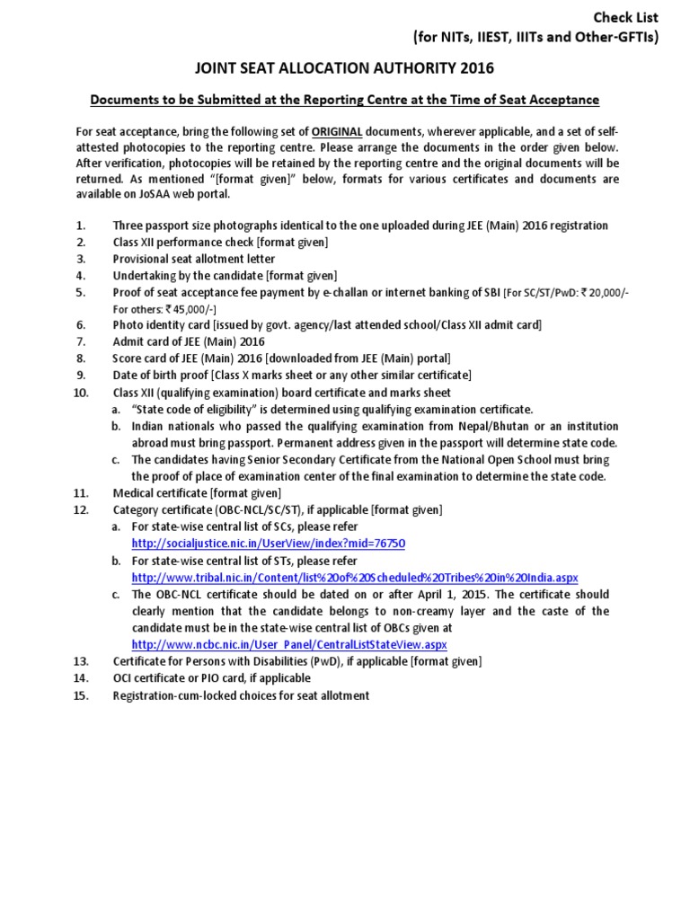 Joint Seat Allocation Authority 2016: Documents To Be Submitted at The ...