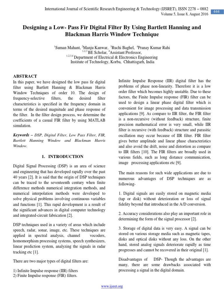 Designing A Low - Pass Fir Digital Filter by Using Bartlett Hanning and ...