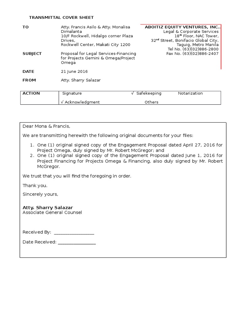 Transmittal Cover Sheet-Pjs Proposal P. Omega and Gemini | PDF