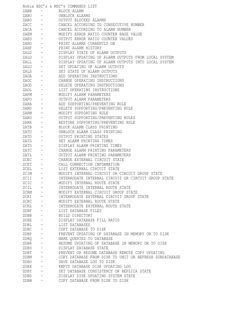 Nokia BSC's & MSC's Command List | PDF | Secure Shell | Computer Network