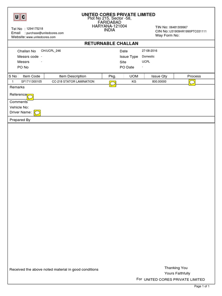 Returnable Challan No. CH/UCPL_246 Documenting the Transfer of 800 ...