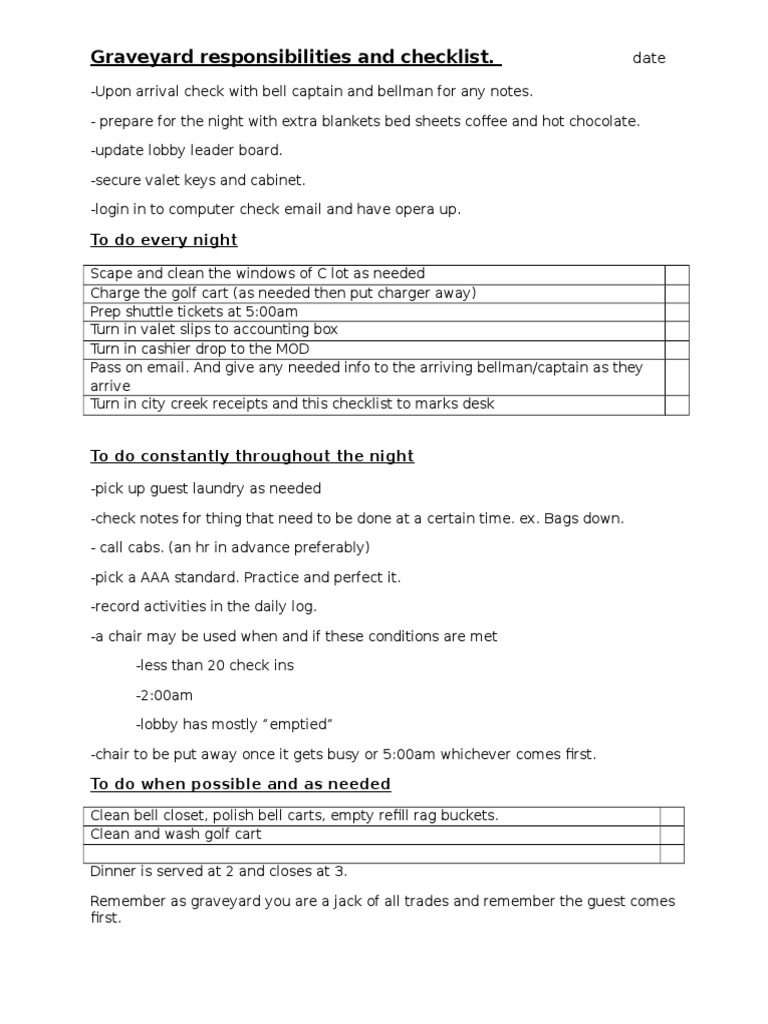 Graveyard Shift Responsibilities Checklist | PDF