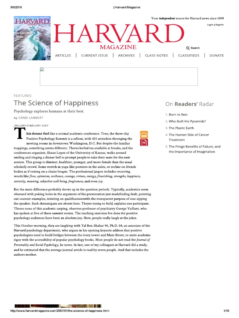 Harvard Magazine The Science of Happiness | PDF