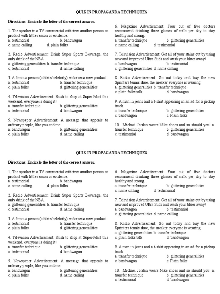 Identifying Propaganda Techniques: A Quiz on Common Advertising Appeals ...