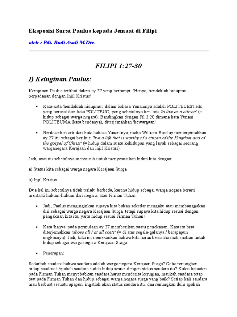 Eksposisi Surat Paulus Kepada Jemaat Di Filipi | PDF