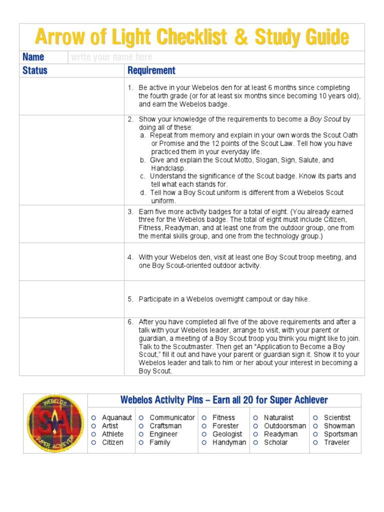 Arrow of Light Checklist and Study Guide | PDF | Scouting | Youth Movements